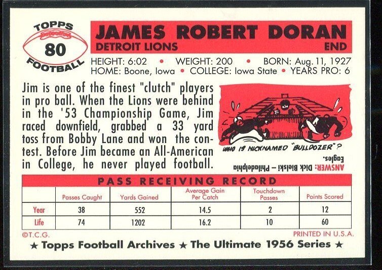 1956 Topps Archive Football James Doran #80 Detroit Lions | eBay
