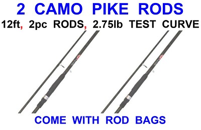 2 CAMO 12ft 2pc CAMOUFLAGE PIKE RODS FOR CARP BARBEL SPOD MARKER COARSE ...