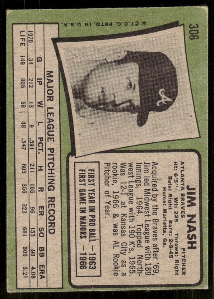 1971 Topps Jim Nash #306 Atlanta Braves Baseball Card | eBay