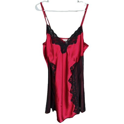 Cacique Womens Satin Sheer Mesh Chemise Slip Nightie Size 26/28 Red ...