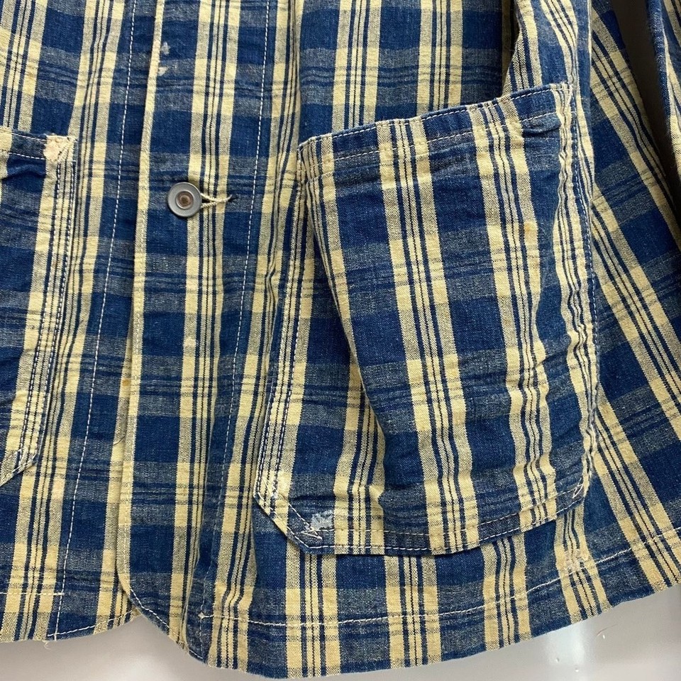 RRL Ralph Lauren Farmer’s Coat Indigo Check Size 40R Cotton Linen Made ...