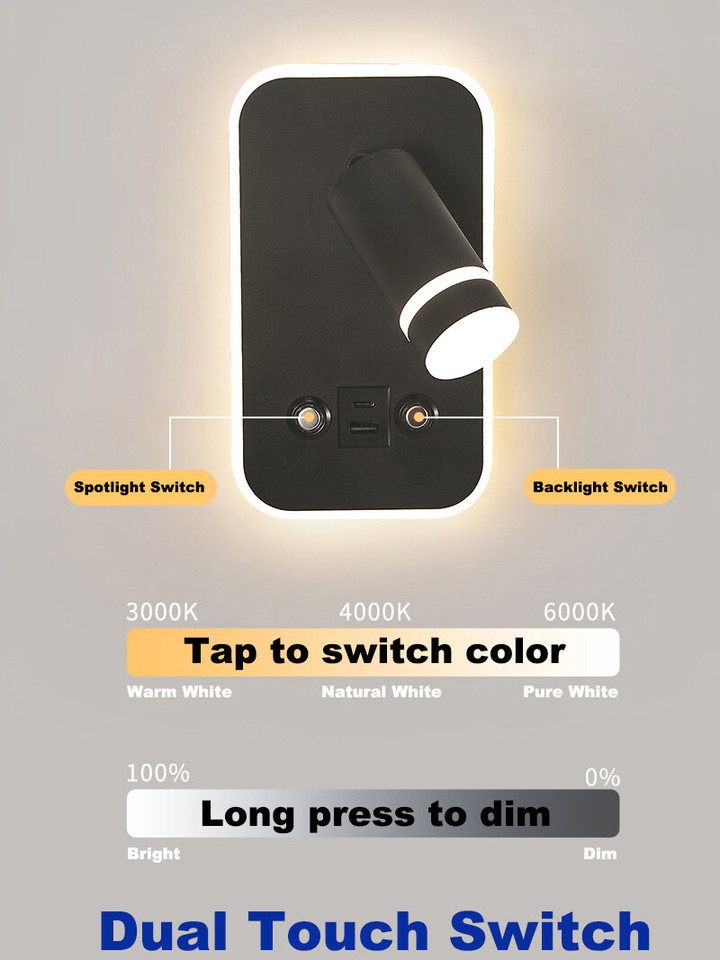 9W COB LED Headboard Reading Light Type-C USB Charger Bedside Wall Lamp ...