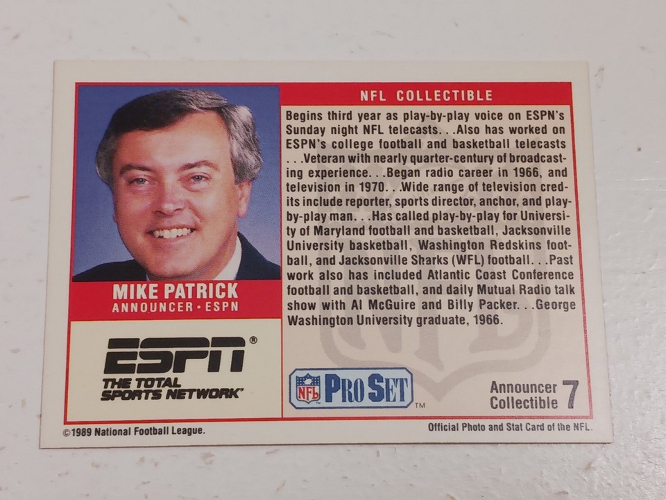 Mike Patrick ESPN 1989 Pro Set Card #7 | eBay