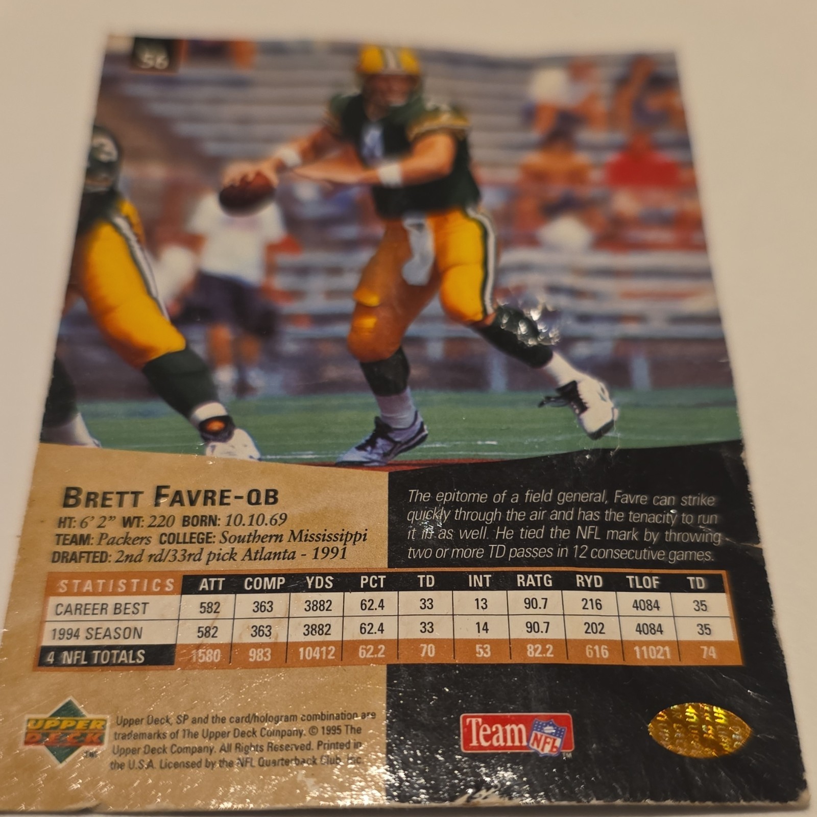 Upper Deck 1995 SP Brett Favre #58 Green Bay Packers NFL Football Card ...