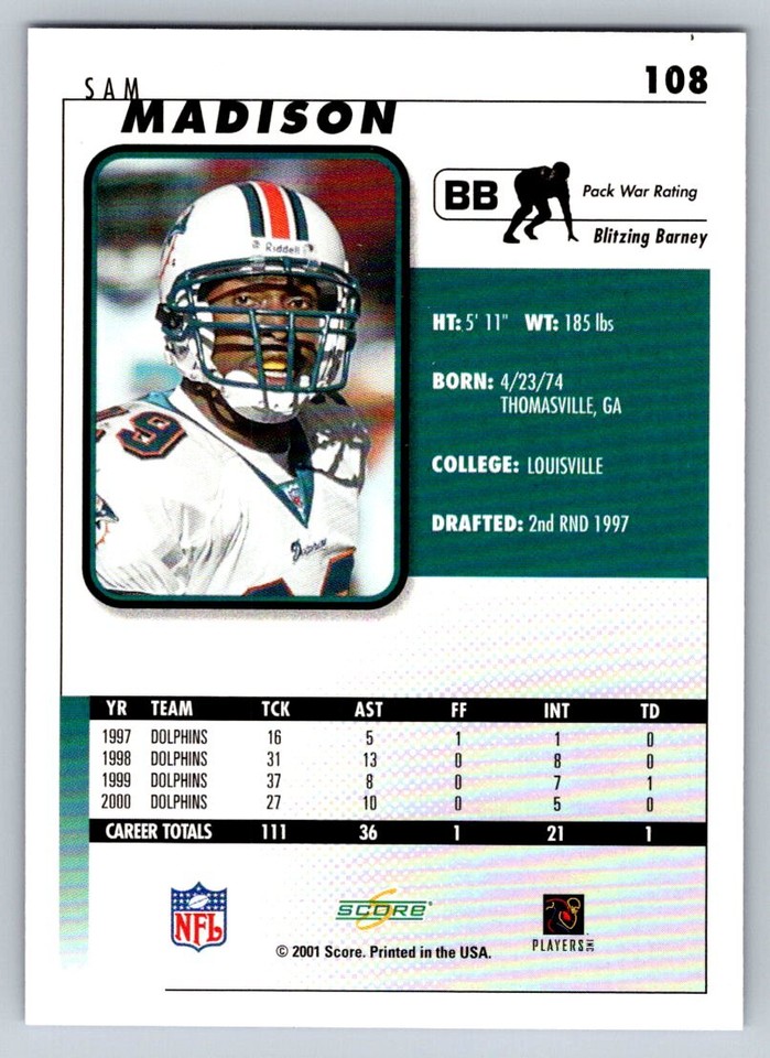 2001 Score #108 Sam Madison Miami Dolphins | eBay