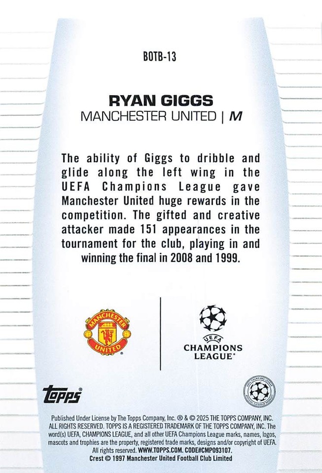 Ryan Giggs Manchester United BOTB 2024/25 Topps UCC Flagship #BOTB-13 ...