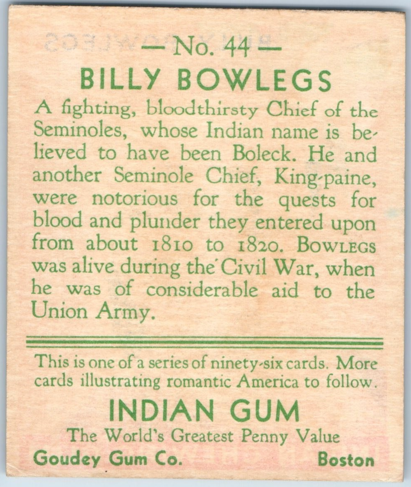 1933 Goudey Indian Gum Billy Bowlegs Trade Card F136 | eBay