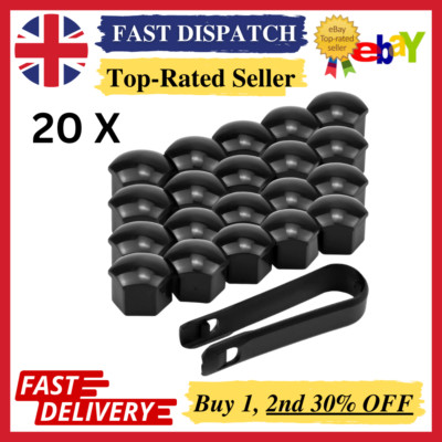 20x Gloss Black 17mm Wheel Nut Bolt Cover Caps + Tool Universal Set Any ...