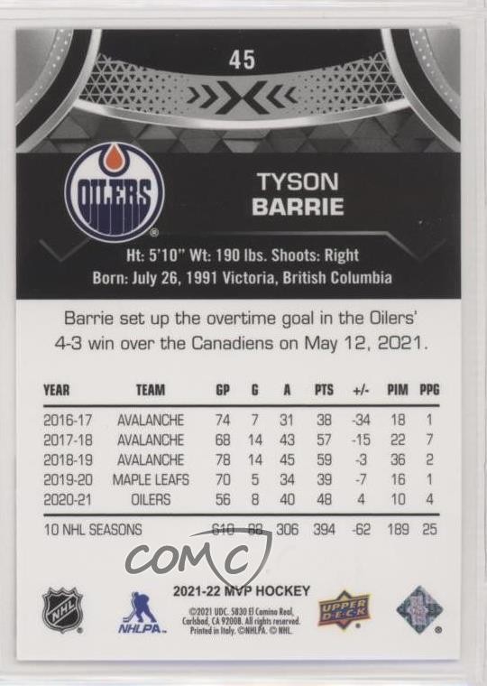 2021-22 Upper Deck MVP Super Script Black /5 Tyson Barrie #45 | eBay