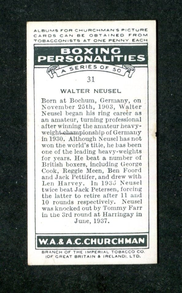 #31 Walter Neusel 1938 Churchman's Boxing Personalities Tobacco Boxer ...