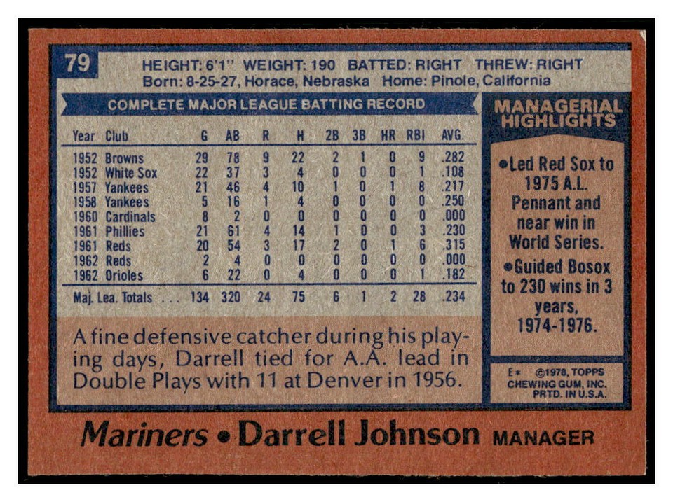1978 Topps 79 Darrell Johnson Seattle Mariners | eBay