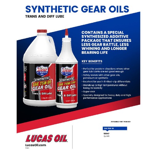 Lucas Oil 10047 SAE 75W-90 Synthetic Gear Oil Trans & Diff Lube 1 Quart ...