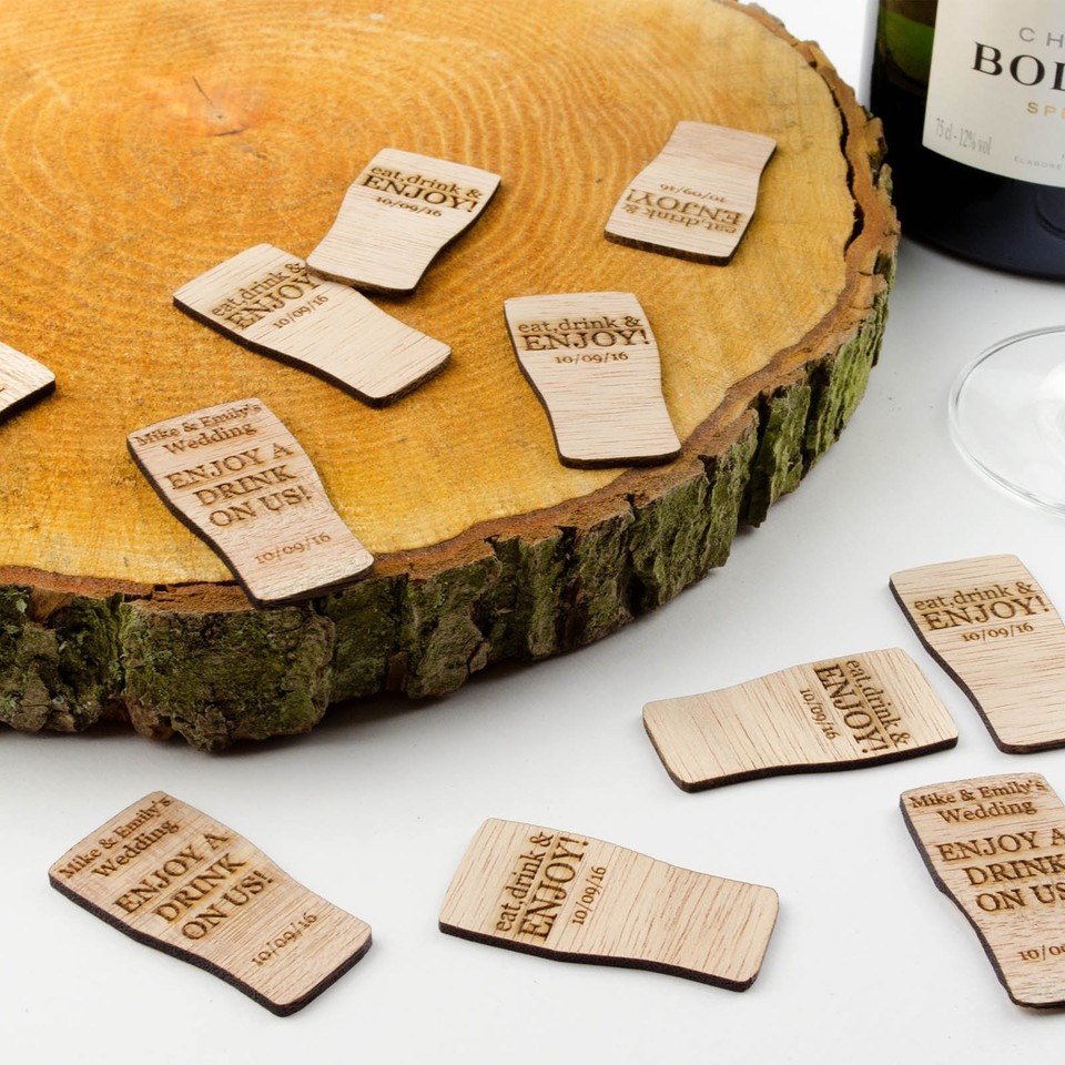 Wooden Drink Tokens. Personalised Pint Glass. Free Rustic Wedding Guest ...