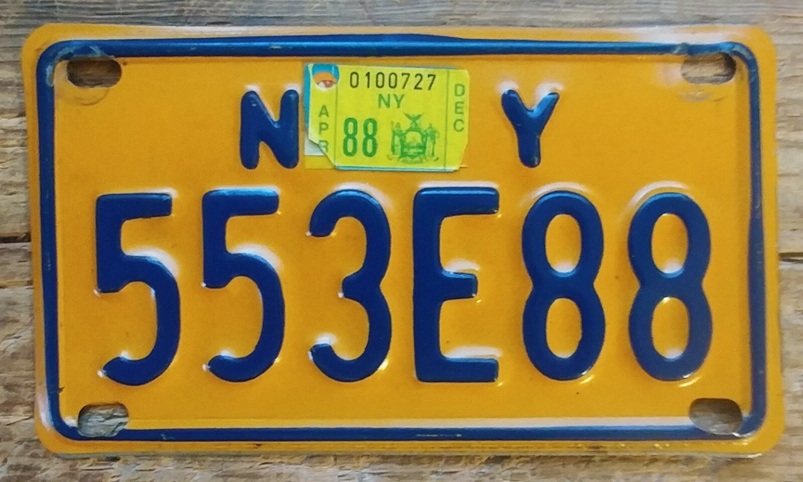 1980's New York Motorcycle License Plate # 553E88 - with 88 Sticker ...