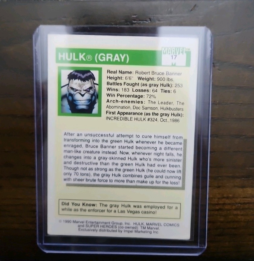 1990 Grail Impel Marvel Comics Key Trading Card Series 1 - Hulk Gray ...