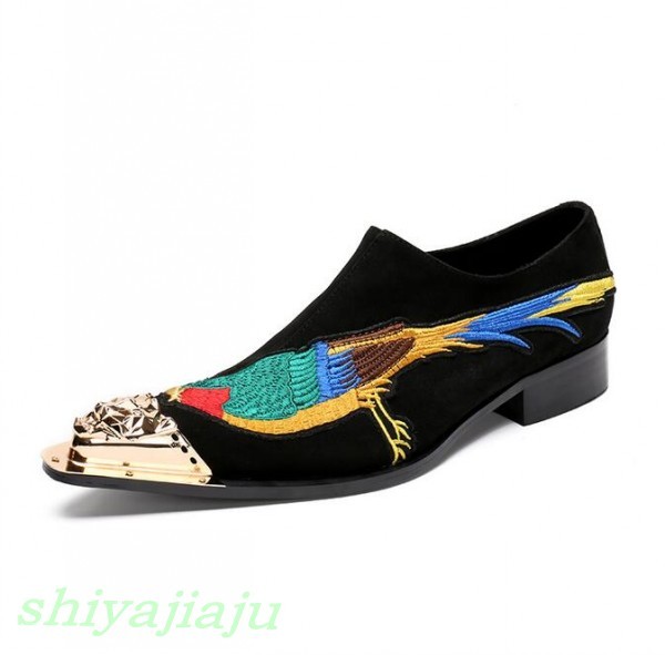Fashion Men Embroidery Birds Metal Decor Pointy Toe Nightclub Leather ...