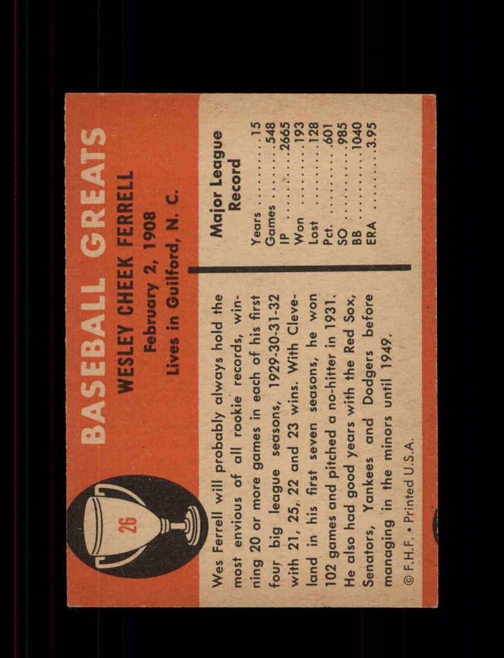 1961 WES FERRELL FLEER #26 BASEBALL GREATS *6060 | eBay