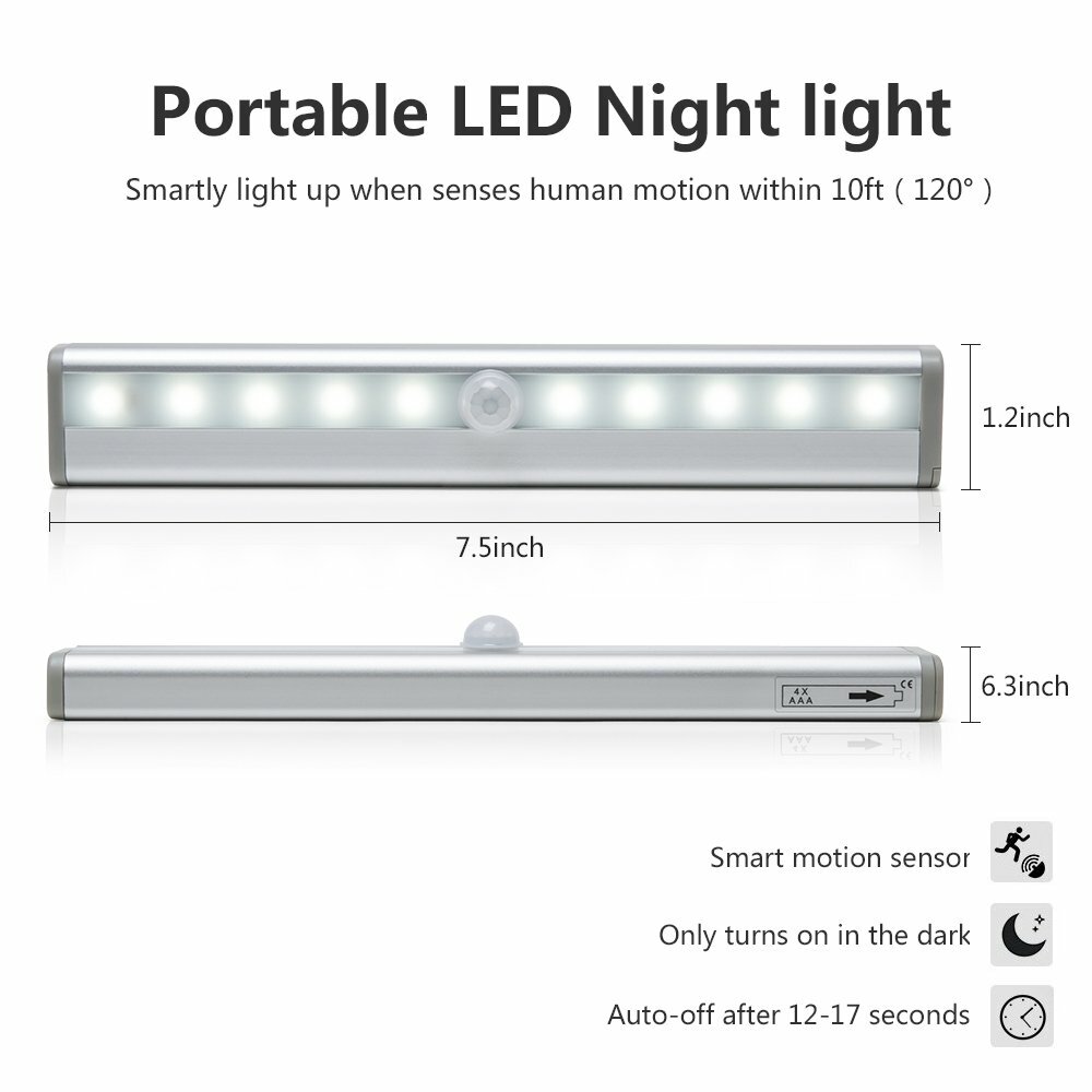 Wireless Motion Sensor LED Closet Light 10 Led Stick 260 Lumer Lighting ...