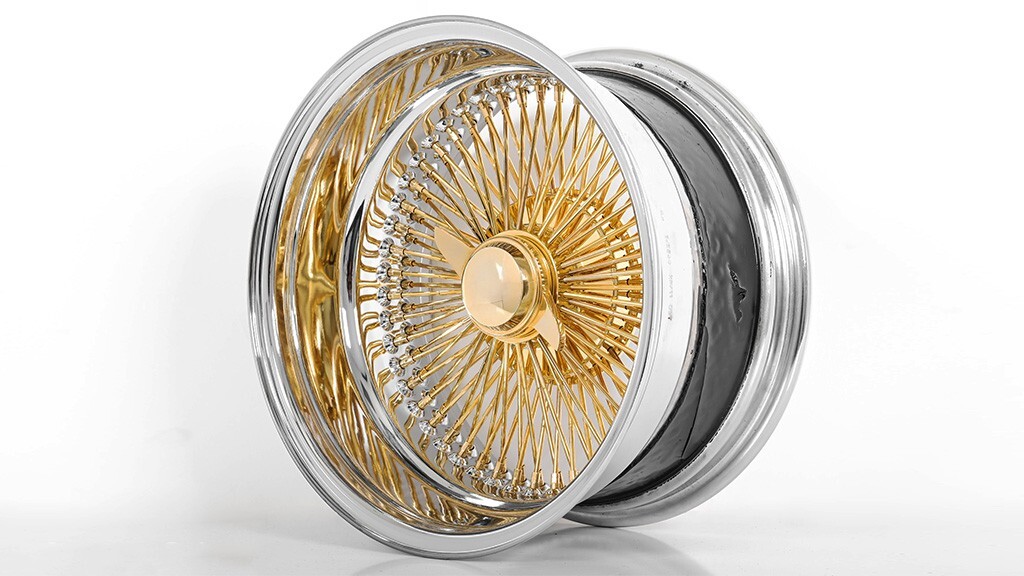 17X9" LA WIRE WHEELS REVERSE 100-SPOKE STRAIGHT LACE CHROME WITH GOLD ...