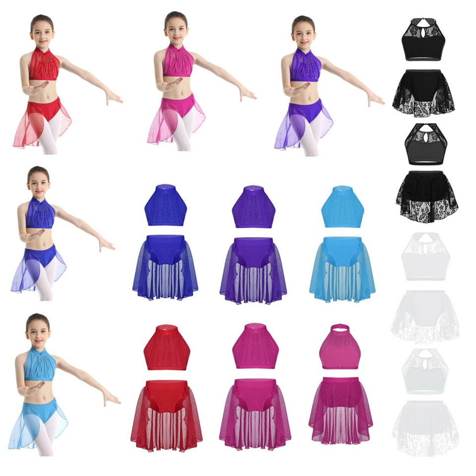 US Kids Girls Ballet Dance Dress Lace Floral Crop Top Skirts Bottoms ...