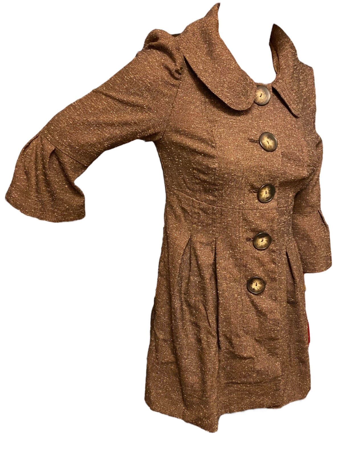 BCX Button-Up 3/4 Ruffle Sleeve Peter Pan Neck Brown Tweed Pea Coat ...