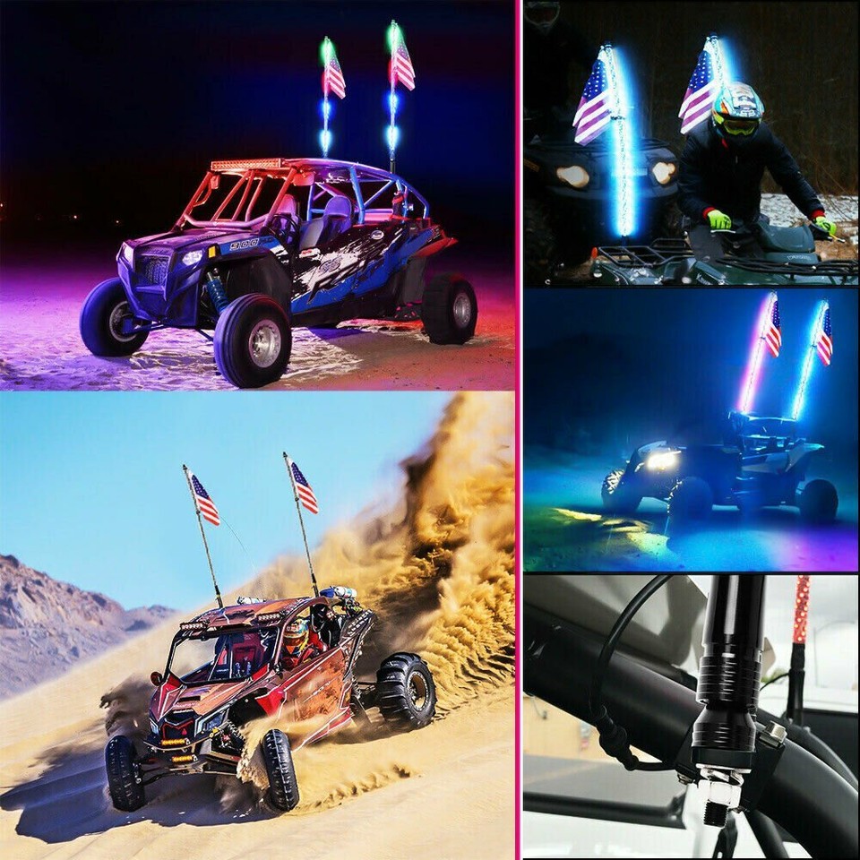 2X 5ft Lighted Spiral RGB LED Whip Light Antenna w/Flag For ATV UTV ...