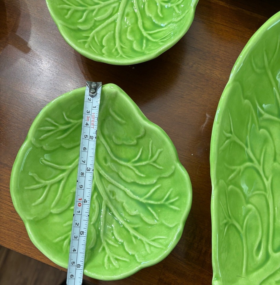 Vtg Green Ceramic Lettuce Leaf Serving Bowl 6 Salad Bowls Set Retro ...