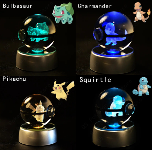 Pokemon 3D Crystal Ball Pokeball LED Light Pikachu Squirtle Charmander ...