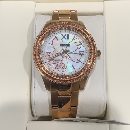 NEW Fossil Stella Three-Hand Floral Rose Gold-Tone Stainless Steel ...