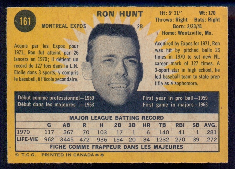 1971 TOPPS OPC O PEE CHEE BASEBALL #161 RON HUNT EX-NM EXPOS Rare ...