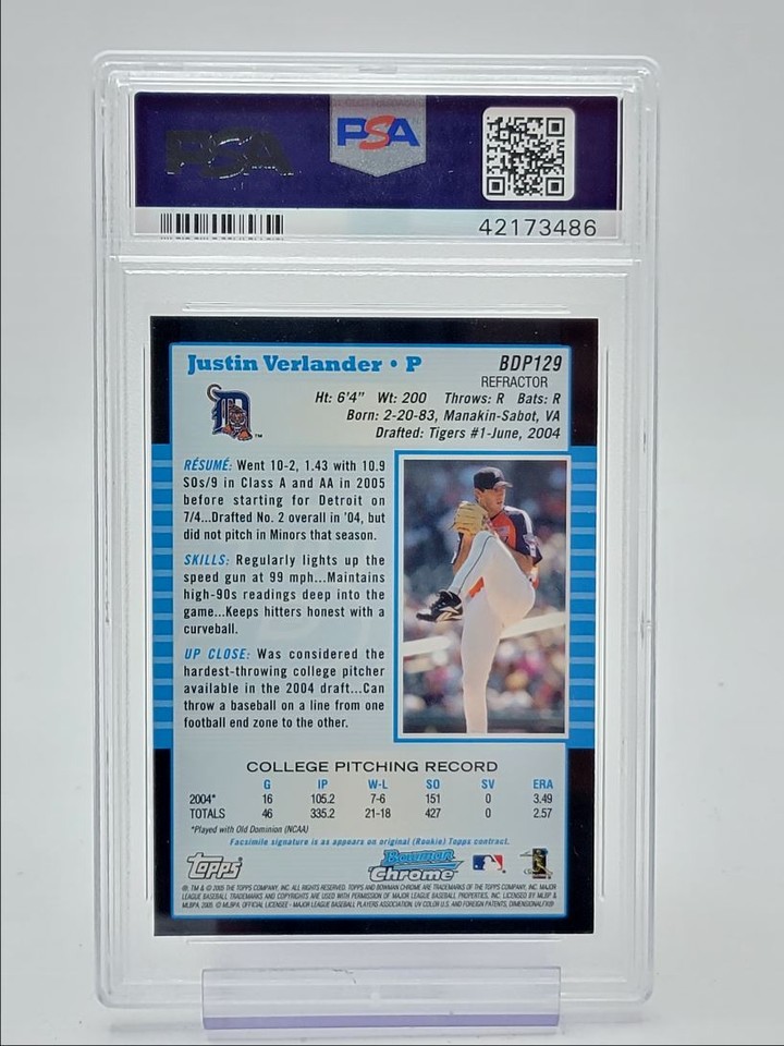 JUSTIN VERLANDER 2005 BOWMAN CHROME DRAFT FIRST YEAR REFRACTOR PSA 9 ...