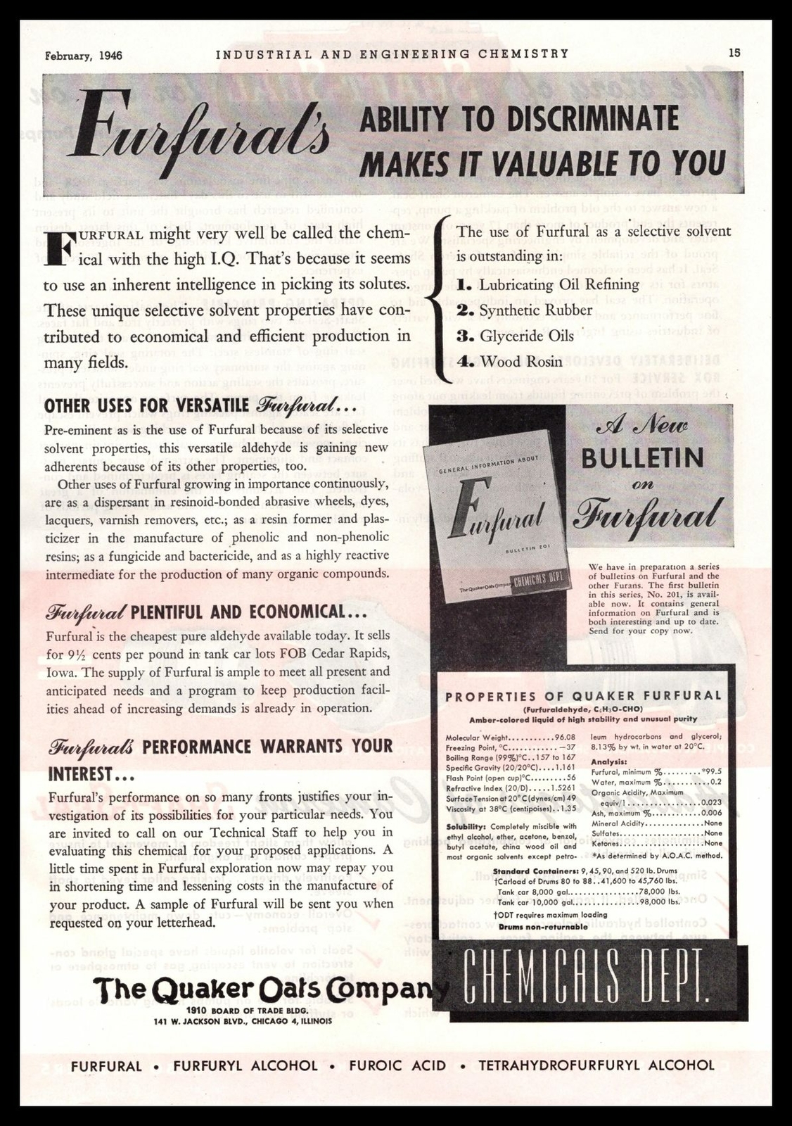 1946 The Quaker Oats Company Chicago Furfural Chemical Solvent Vintage ...