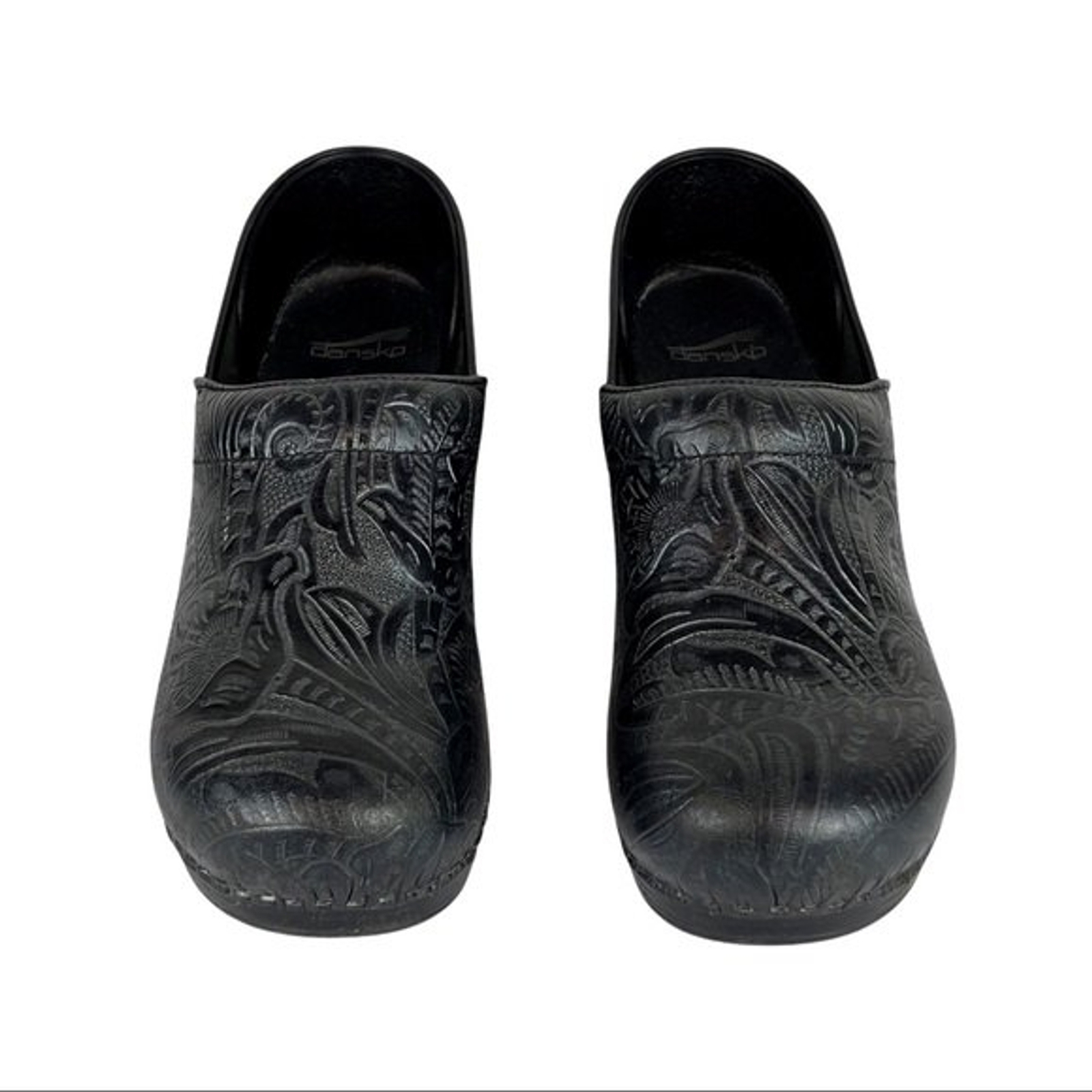 Dansko Black Floral Tooled Leather Clogs Sz 40 Nursin… - Gem