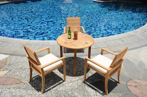 4-Piece Outdoor Teak Dining Set: 36" Round Table, 3 Stacking Arm Chairs ...