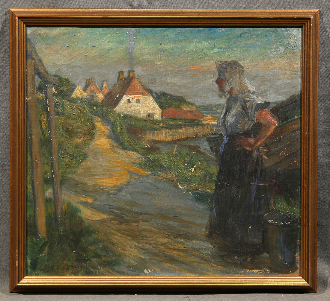 'Woman Stranding by a Road" Oil Painting attributed to Ferdinand Dorsch ...