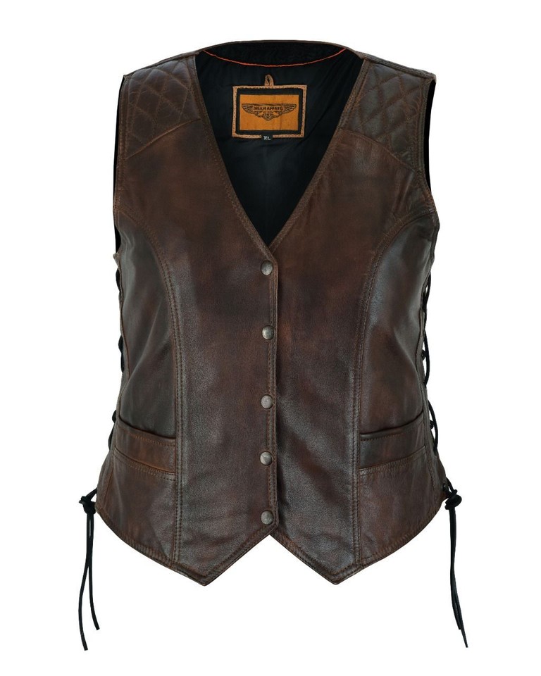 Distressed Brown Women's Leather Vest Motorcycle Biker Diamond Cuts ...