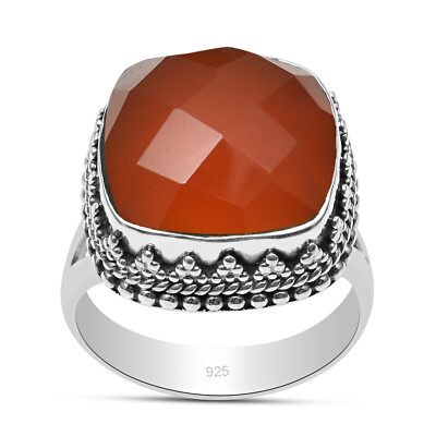 Faceted Carnelian Gemstone Solid 925 Sterling Silver Cushion Shape Ring ...