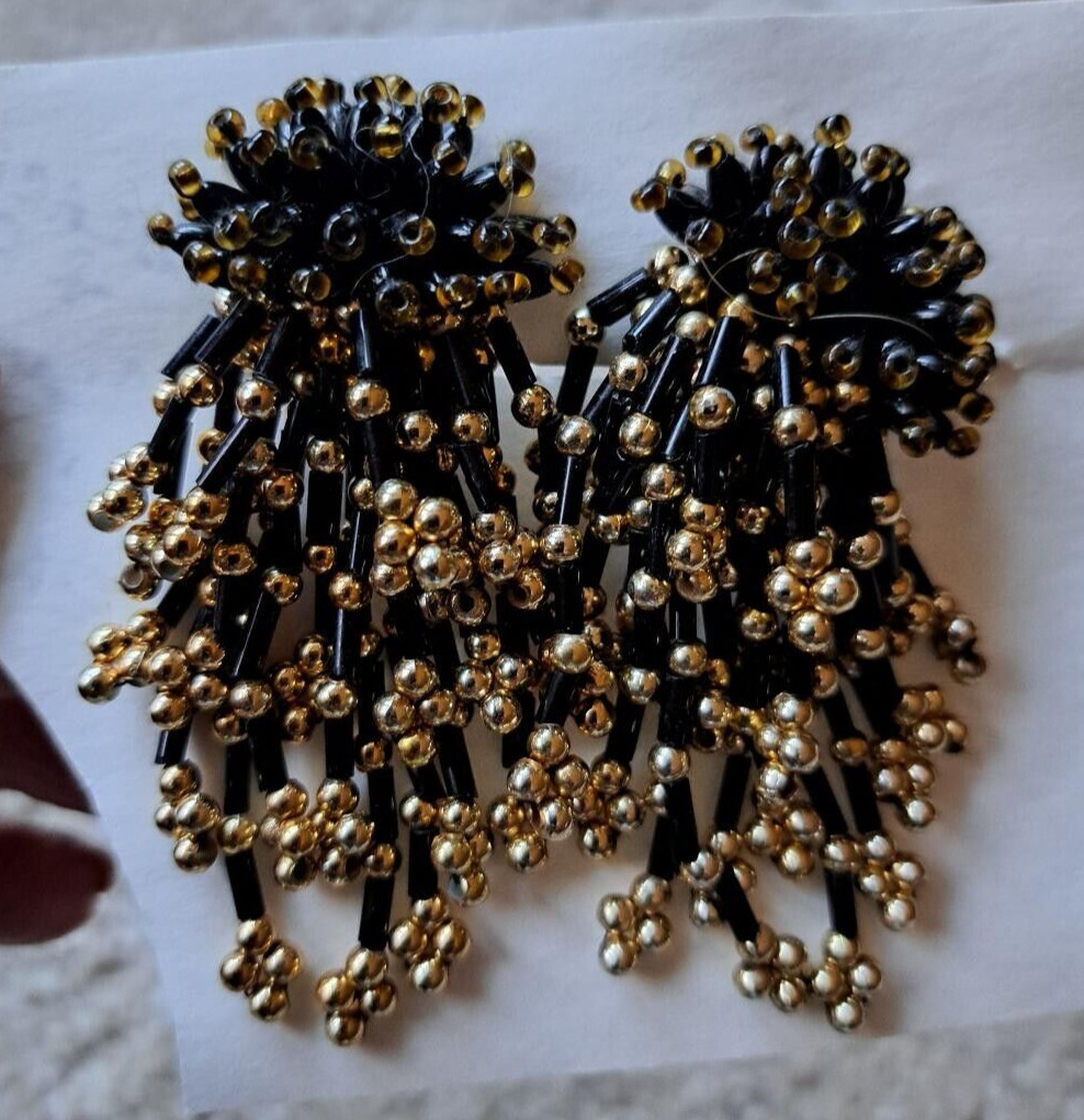 VINTAGE FUN 1980'S BLACK & GOLD CLUSTER CLIP ON EARRI… - Gem