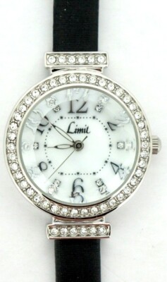Limit Watch, White Dial, Black Strap, Faceted Glass, Stone Set Bezel ...