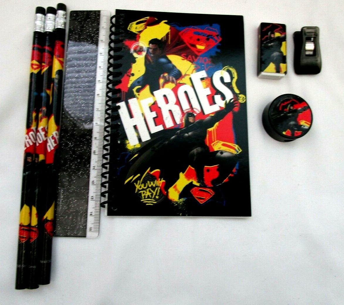 Superman+Batman 8pc Stationary Pencils,Pad,Sharpner,Ruler,Clip,+Eraser ...