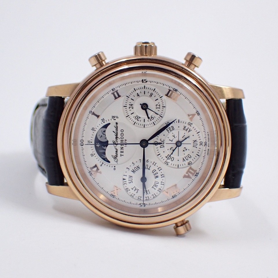 Tenshodo Grand Complication Quartz Men Watch Pink Gold GP Silver Dial ...