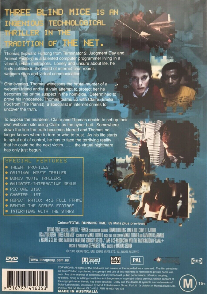 3 Three Blind Mice (DVD, 2003) Edward Furlong Emilia Fox Thriller Movie ...