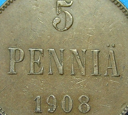 Finland 5 Pennia Copper Coin, 1908 Double Date, Nicholas II, KM-15 ...