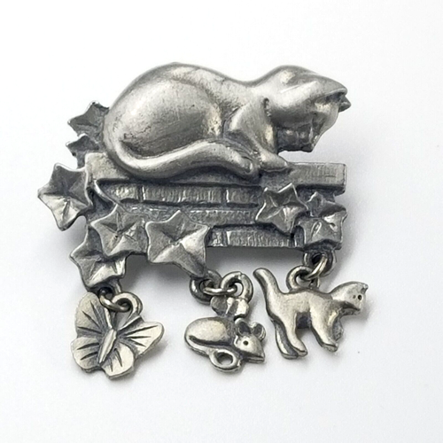 VTG LCD Pewter Cat Dangle Charms Lapel Pin Kitten Mouse Butterfly ...