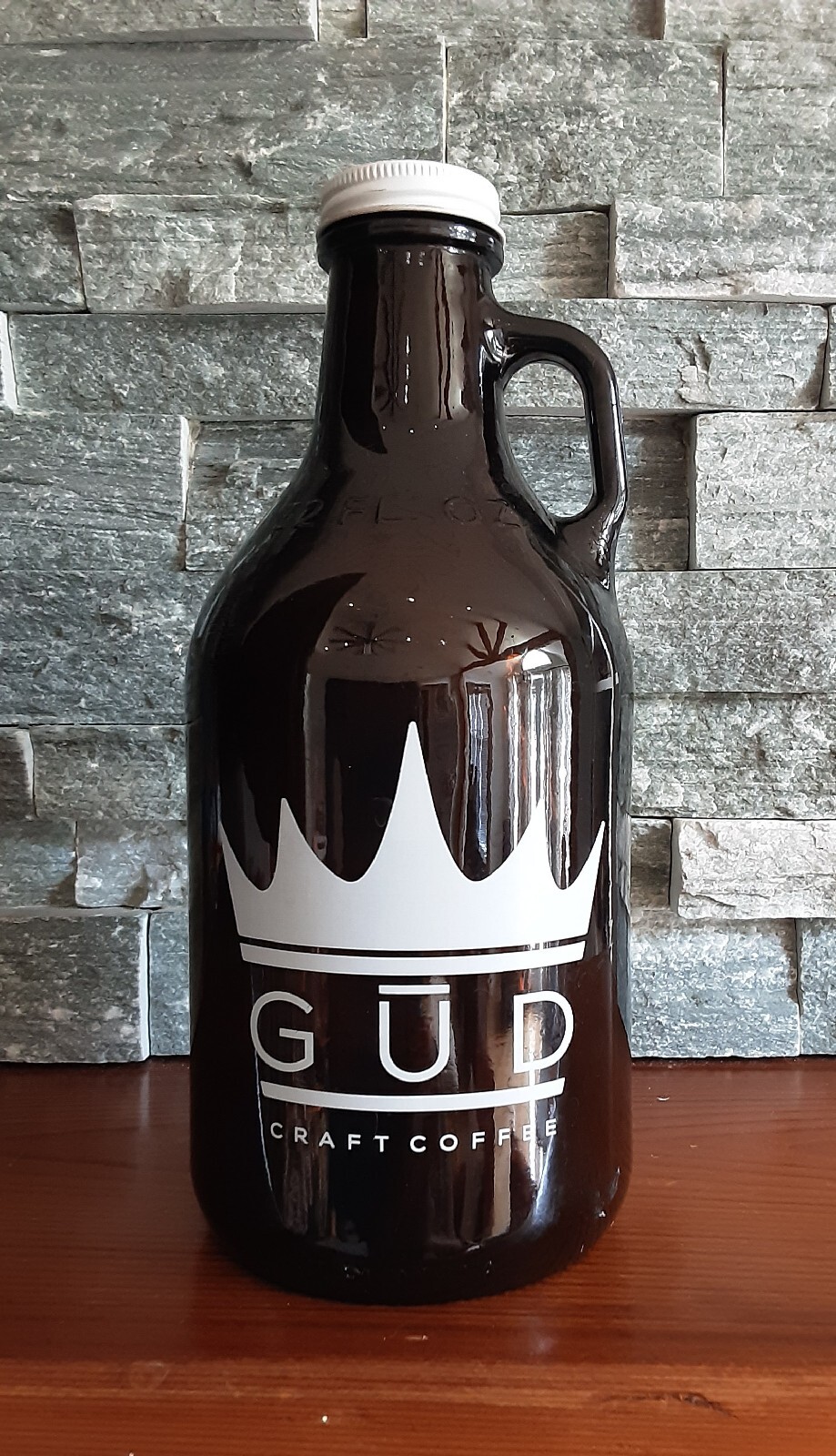 GUD Coffee Growler Jug Brown Glass 32oz White Lettering Handle Lid ...
