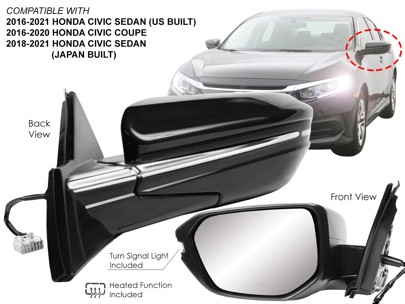 For Mirror Heated Signal Chrome Trim PTM Cap 2016 - 2021 HONDA CIVIC ...