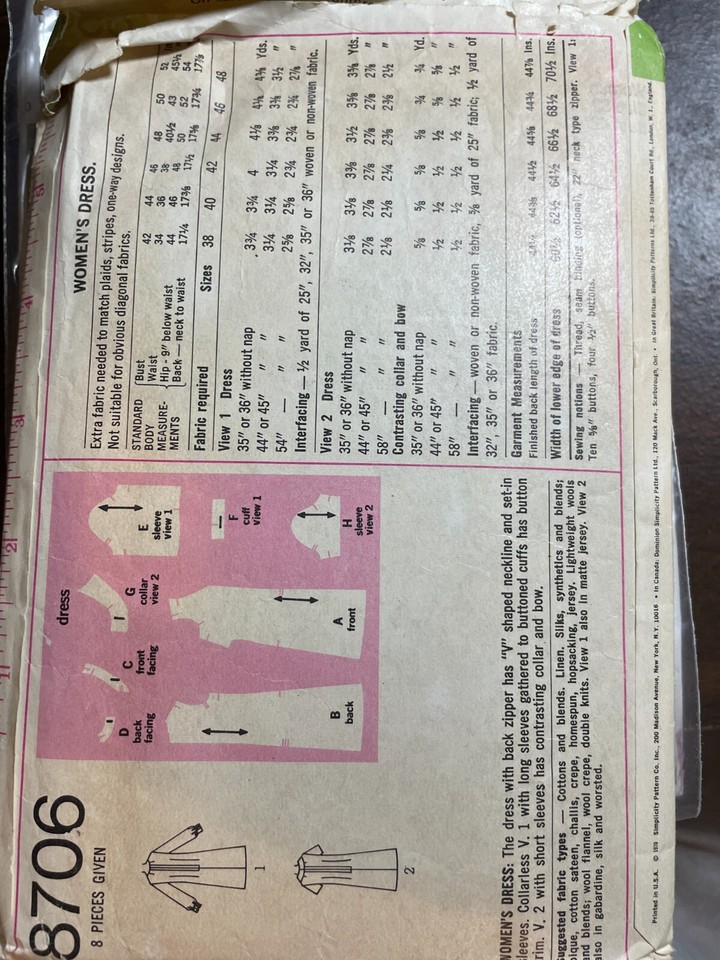 Simplicity 8706 Vintage 70's Cute little Dress Sewing Pattern Sz. 38 CC ...