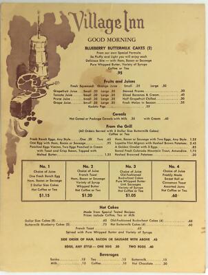 1960's Original Vintage Breakfast Menu VILLAGE INN Restaurant | eBay