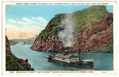 1936 Postcard: Grace & Co. Boat “Santa Teresa” Passing Gaillard Cut ...