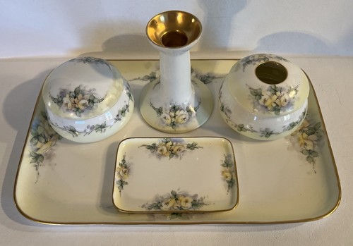 Antique Limoges 5 Piece Porcelain Vanity Dresser Set Yellow Flowers ...